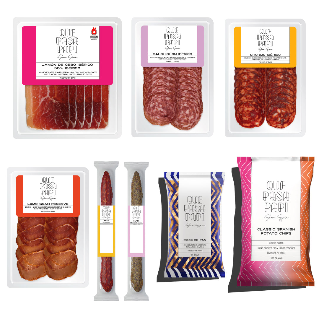 Tapas kasse fra Que Pasa Papi. Fyldt med autentisk spansk tapas.